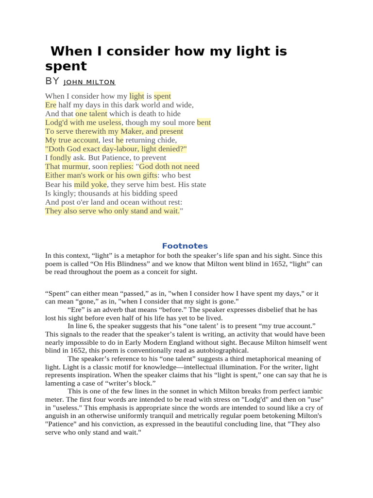 When I Consider How My Light Is Spent | PDF | John Milton | Sonnets