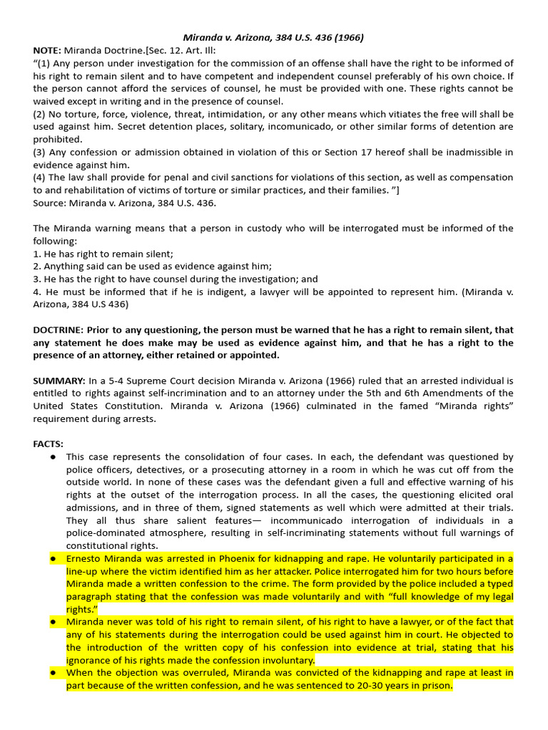 Miranda v. Arizona, 384 U.S. 436 (1966) | PDF | Miranda V. Arizona ...