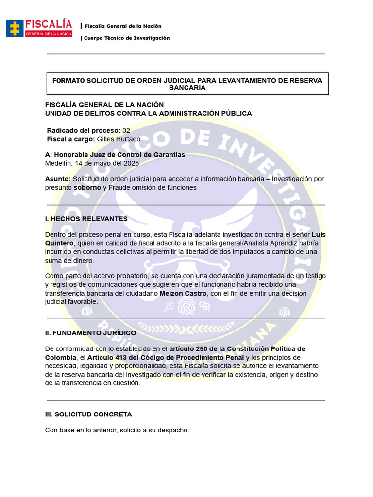 Solicitud de Orden Judicial para Levantamiento de Reserva Bancaria ...