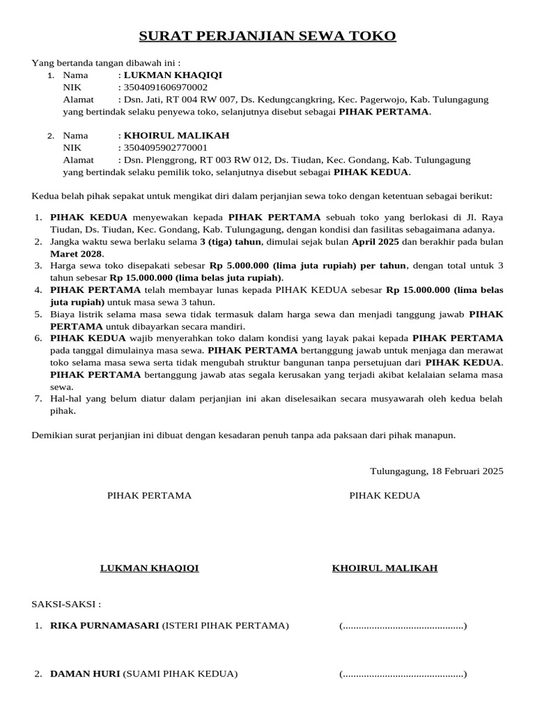 Surat Perjanjian Sewa Toko | PDF