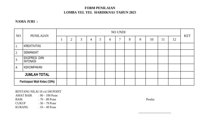 Form Penilaian Lomba Yel Yel Hardiknas | PDF