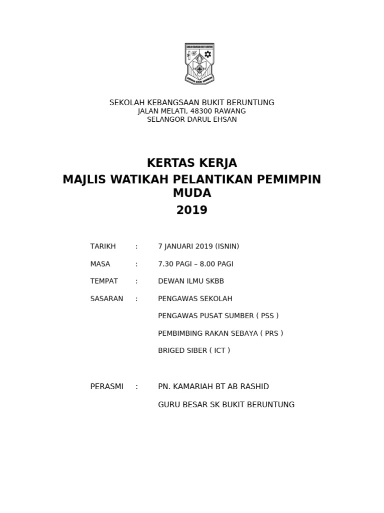 Kertas Kerja Watikah Pelantikan Pemimpin Muda 2019 | PDF
