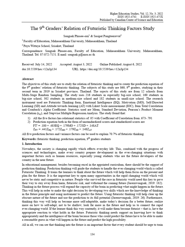 The 9th Graders' Relation of Futuristic Thinking Factors Study | PDF ...