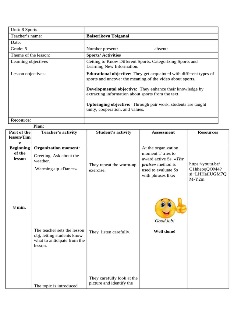 Sports Lesson Plan for Grade 5 | PDF | Sports | Learning