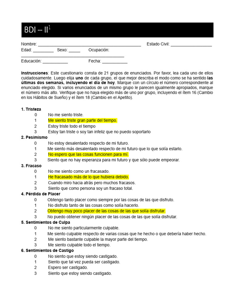 BDI - II - Instrumento -DEPRESIÓN - PUNTOS.docx (1) | PDF