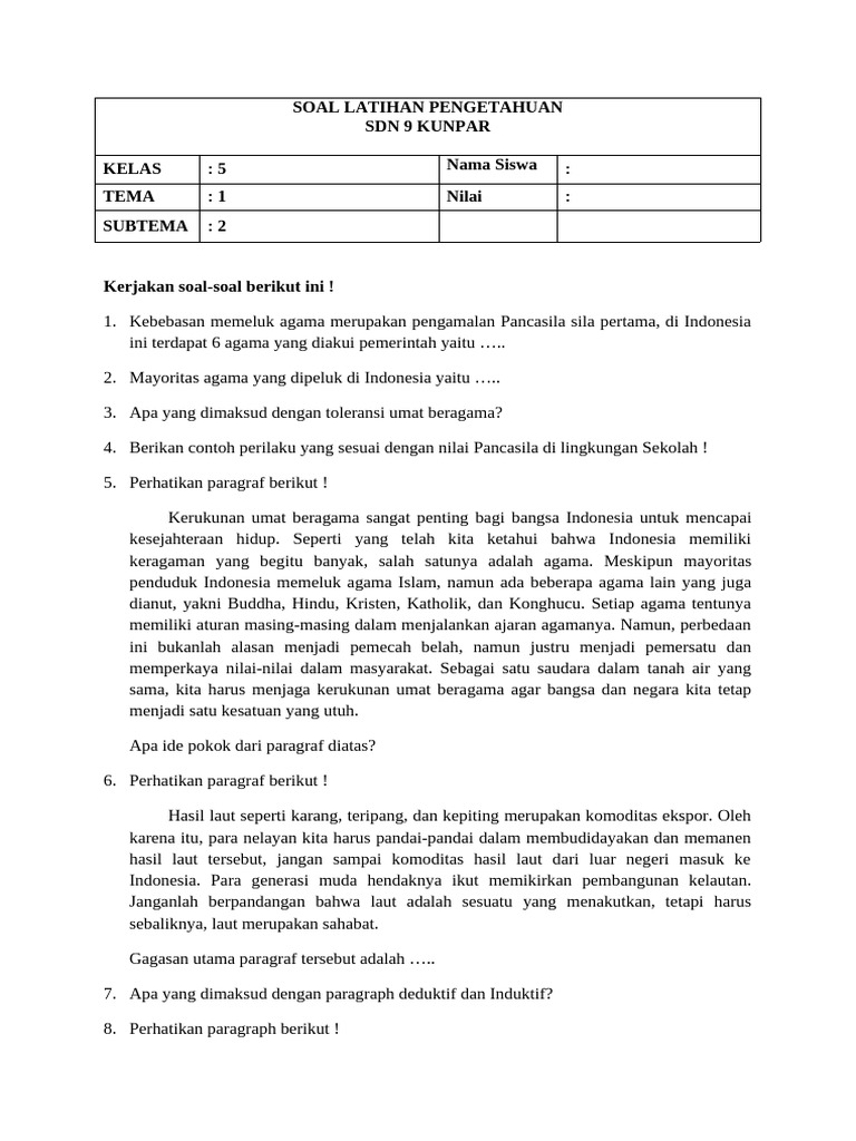 Soal Latihan Pengetahuan Tema 1 Sub 2 Kelas 5 | PDF