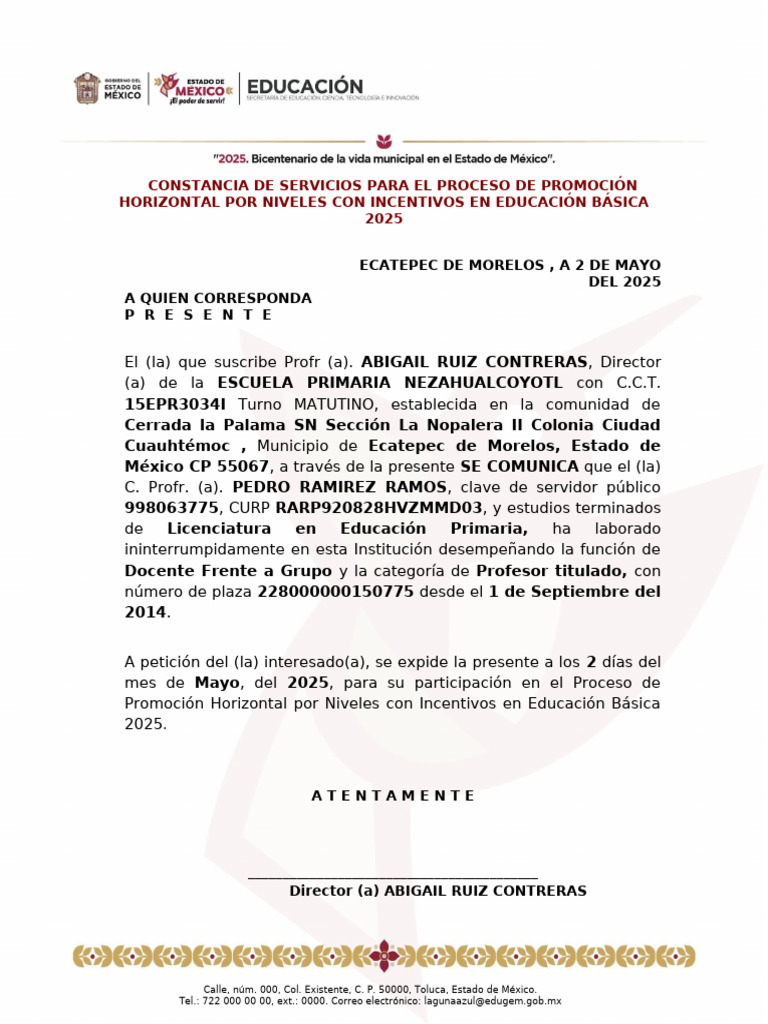 Docente. Constancia Emitida Por El Director | PDF