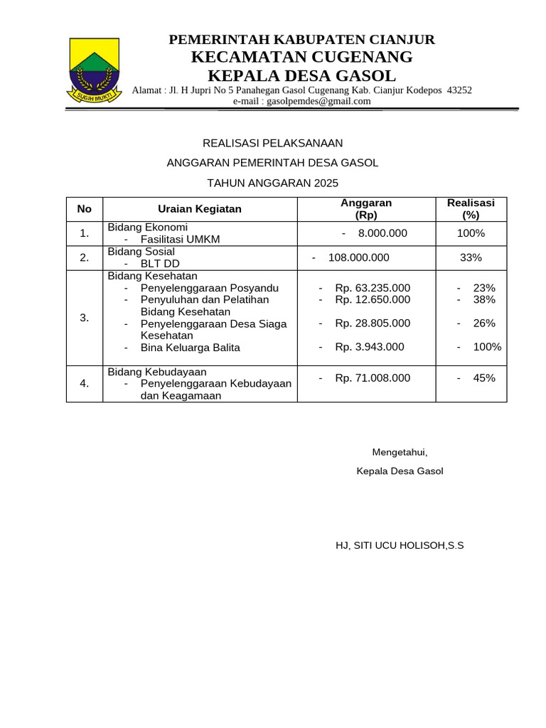 Contoh Format Anggaran Desa GASOL | PDF