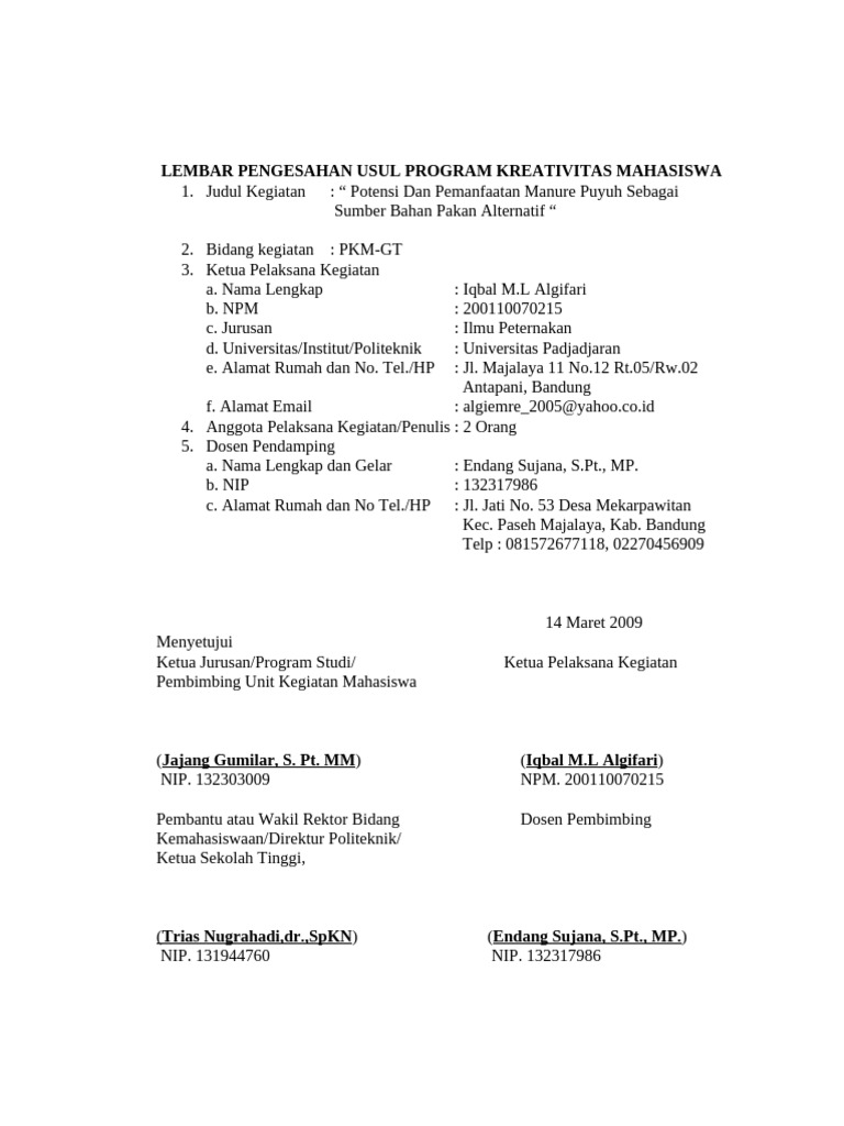 Lembar Pengesahan Usul Program Kreativitas Mahasiswa | PDF