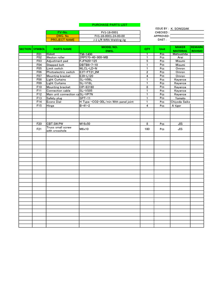 FV1-18-0001-24-00-00 Purchase Parts List | PDF