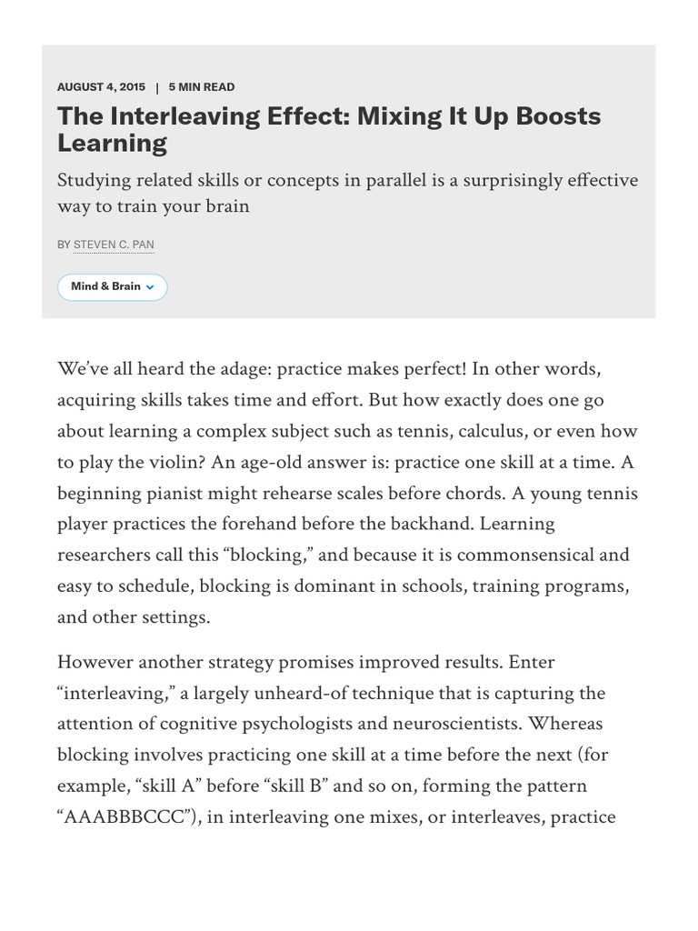 The Interleaving Effect - Mixing It Up Boosts Learning - Scientific American | PDF | Foreign ...