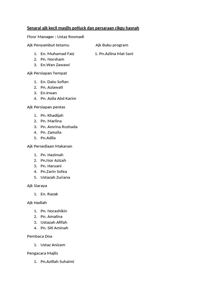 Senarai ajk kecil masjlis potluck dan persaraan cikgu hasnah | PDF