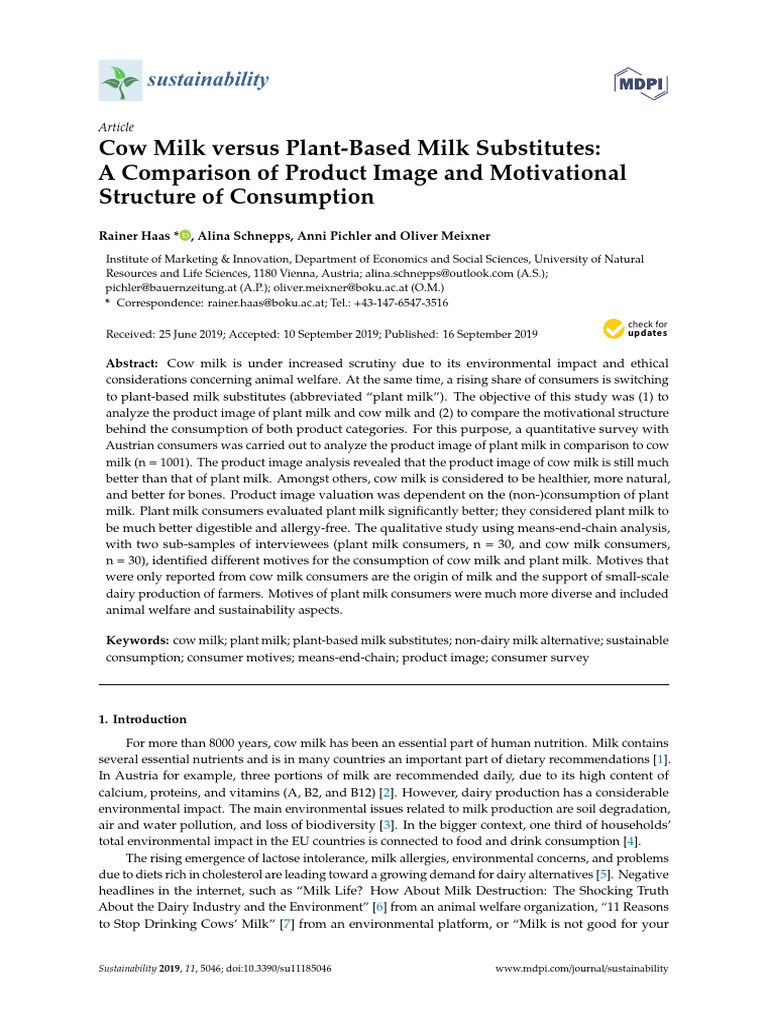Cow Milk Versus Plant-Based Milk Substitutes A Com | PDF | Milk ...