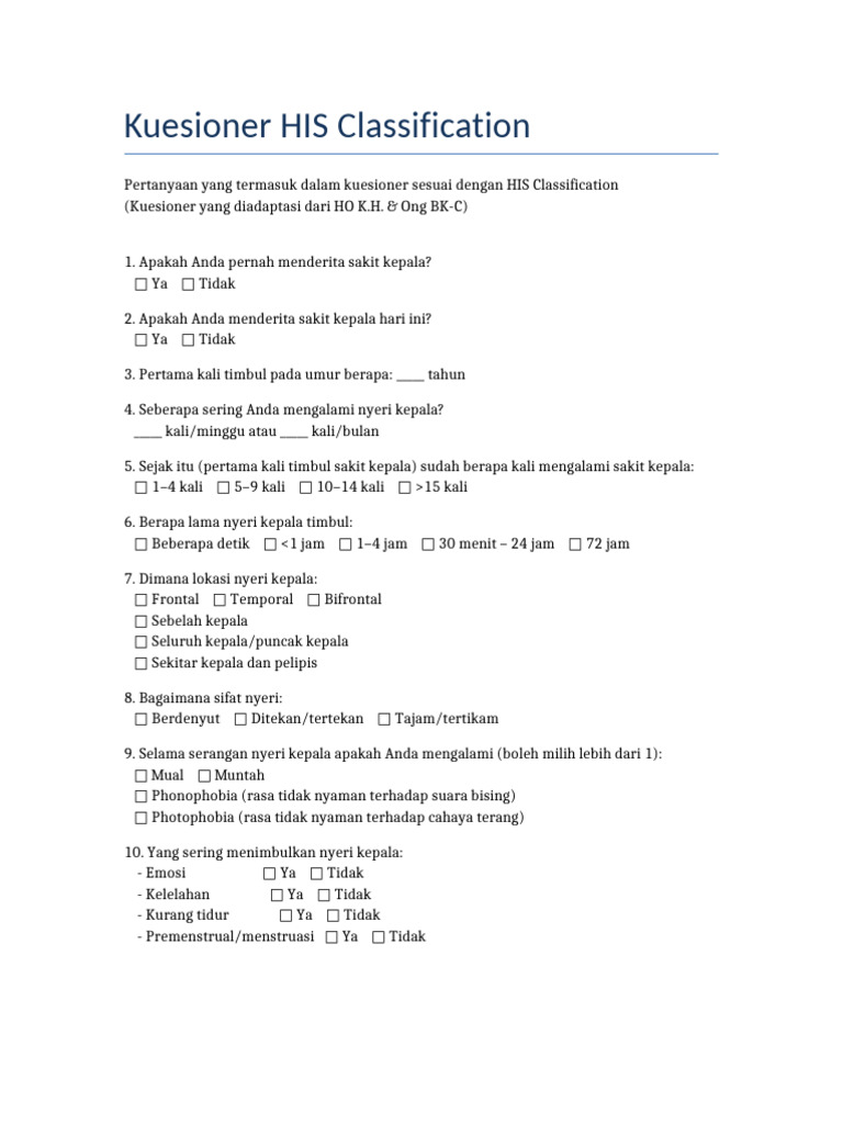 Kuesioner HIS Classification Lengkap | PDF