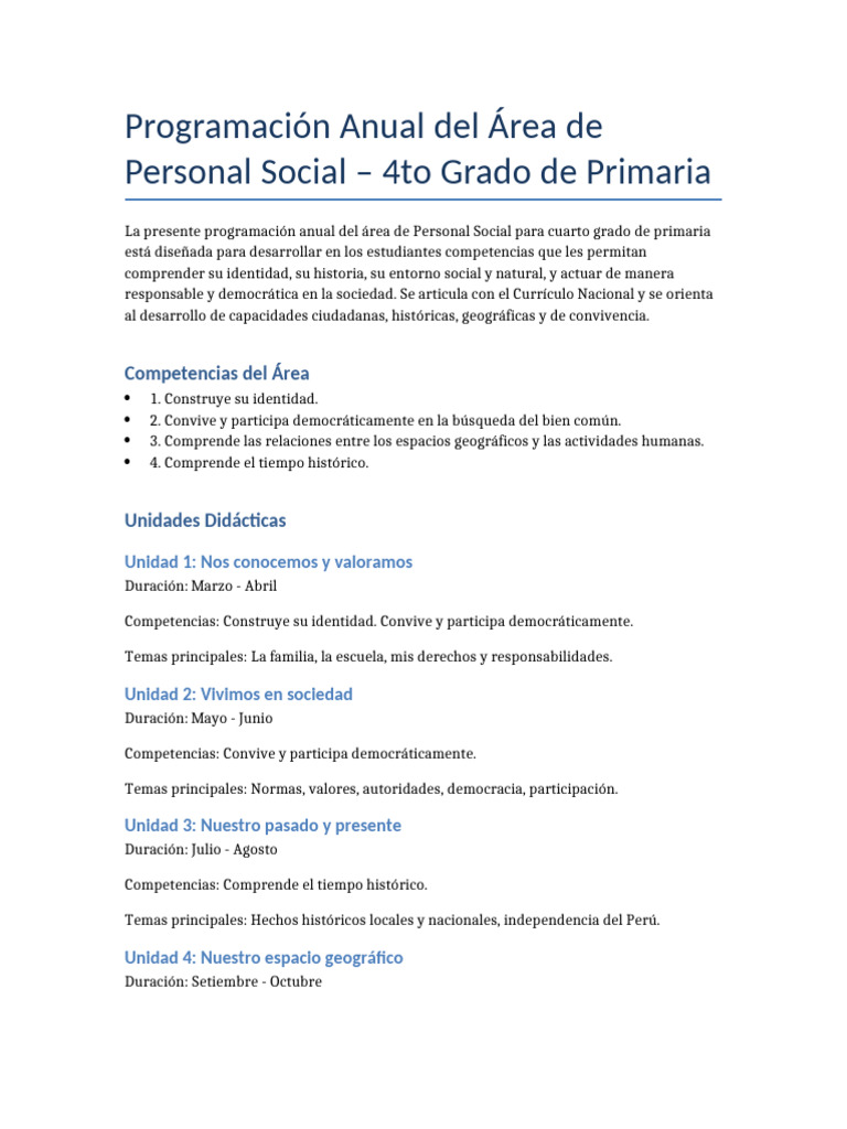 Programación Anual Personal Social 4to Primaria | PDF