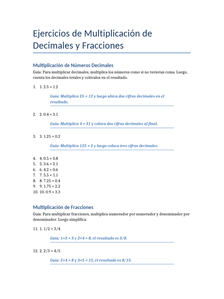 Ejercicios_Multiplicacion_Division_Decimales_Fracciones | PDF