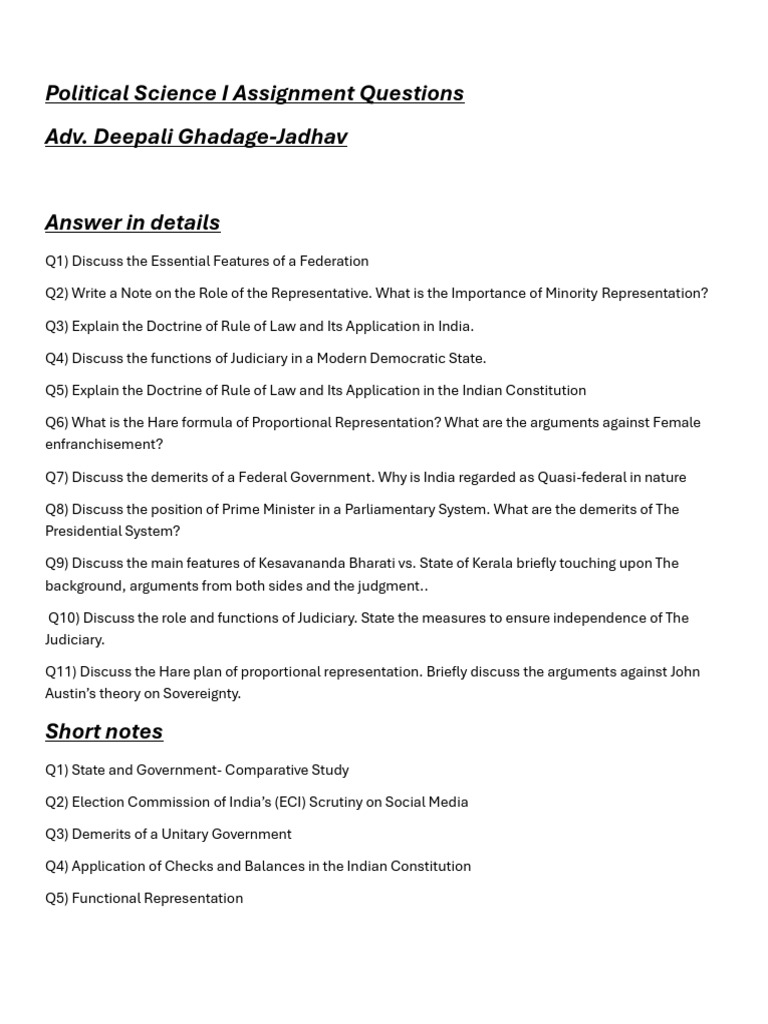 Political Science I Assignment Questions | PDF