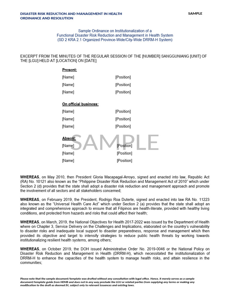 SD 2 KRA 2.1 Sample Ordinance On The Organization of DRRMH System in ...