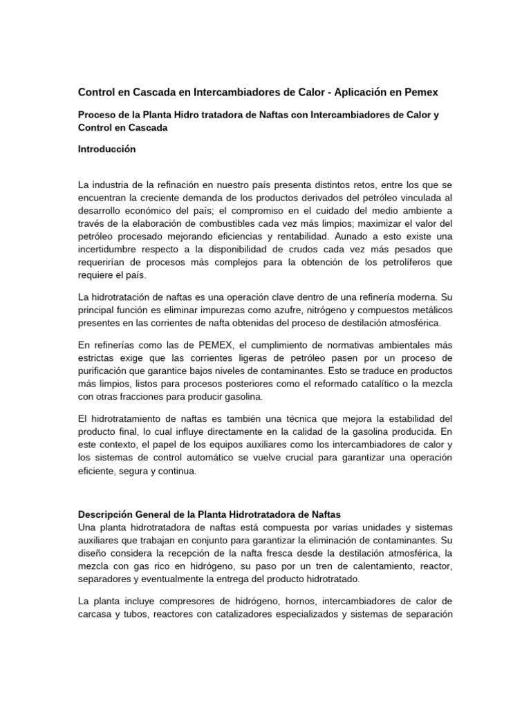 Control en Cascada en Hidrotratamiento Pemex | PDF | Refinería de ...