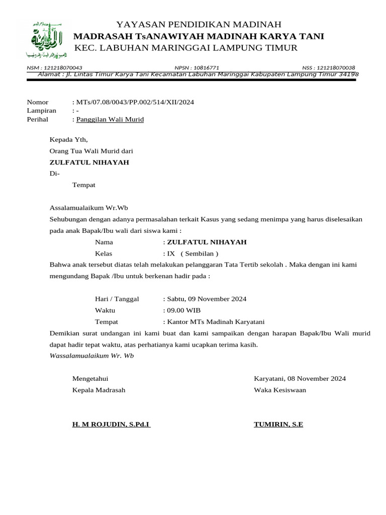 Surat Panggilan Wali Murid | PDF