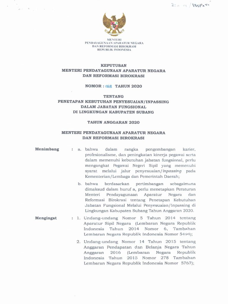 SK Menpan RB Penetapan Kebutuhan Penyesuaian JF PBJ Kab. Subang | PDF