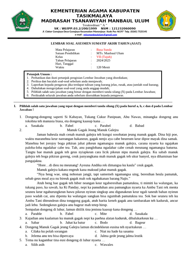 SOAL ASAT BASA SUNDA Kls 7 MTs 2025 | PDF