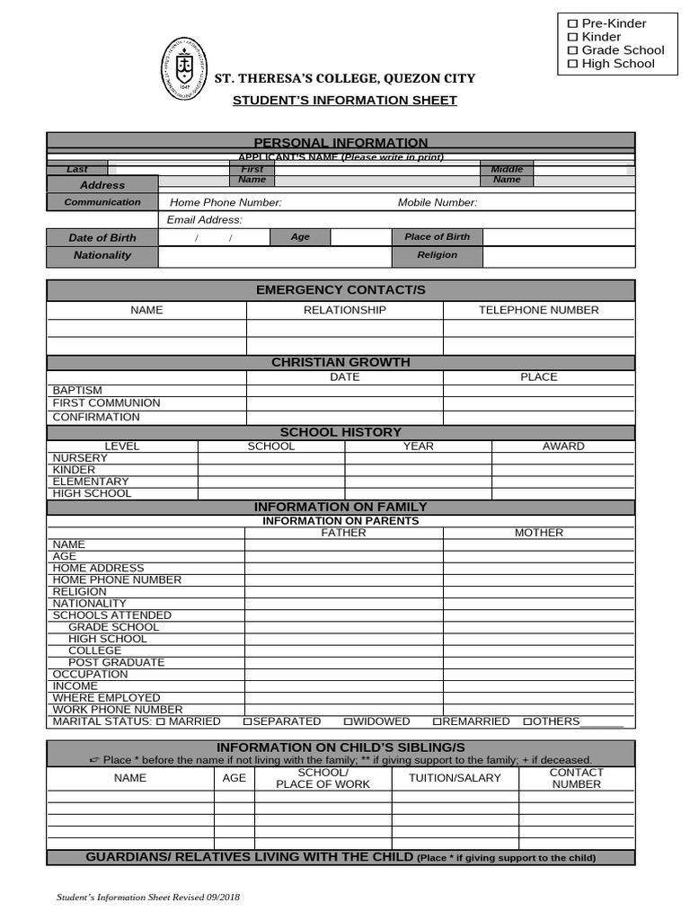 GS-SHS Student's Information Sheet REVISED 2018 | PDF