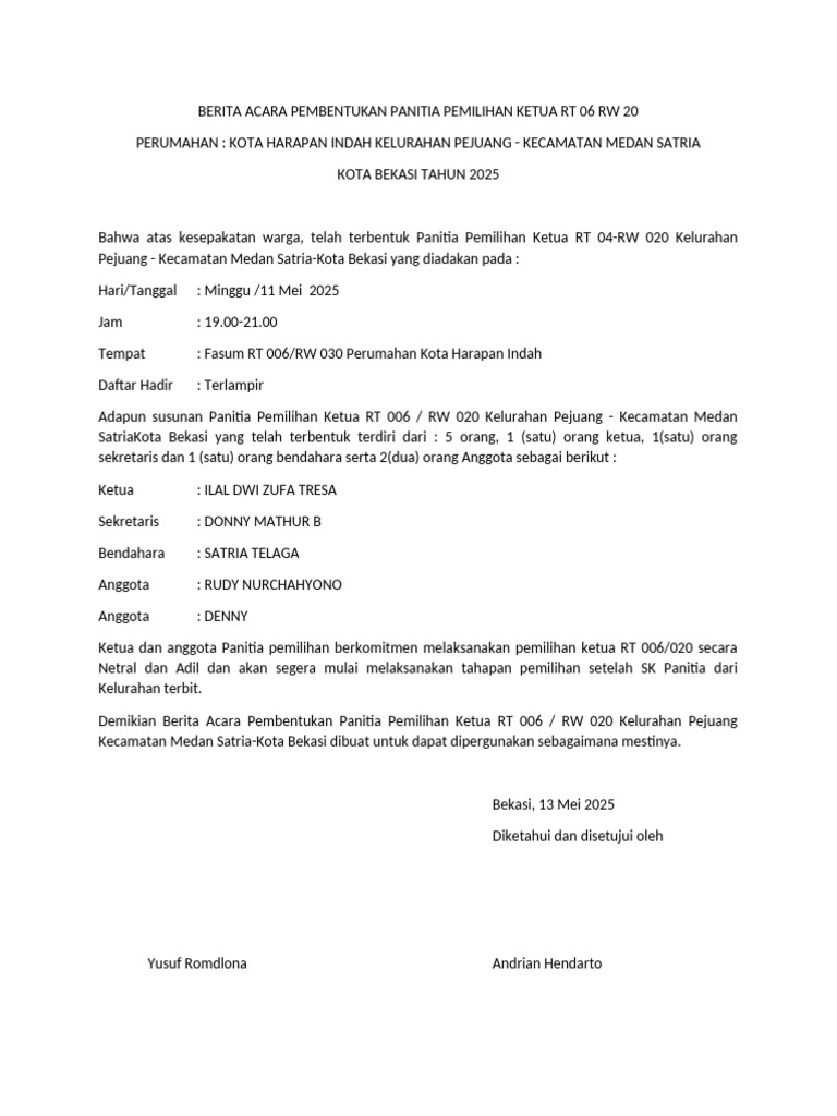 Berita Acara Pembentukan Panitia Pemilihan Ketua RT 06 RW 20 | PDF