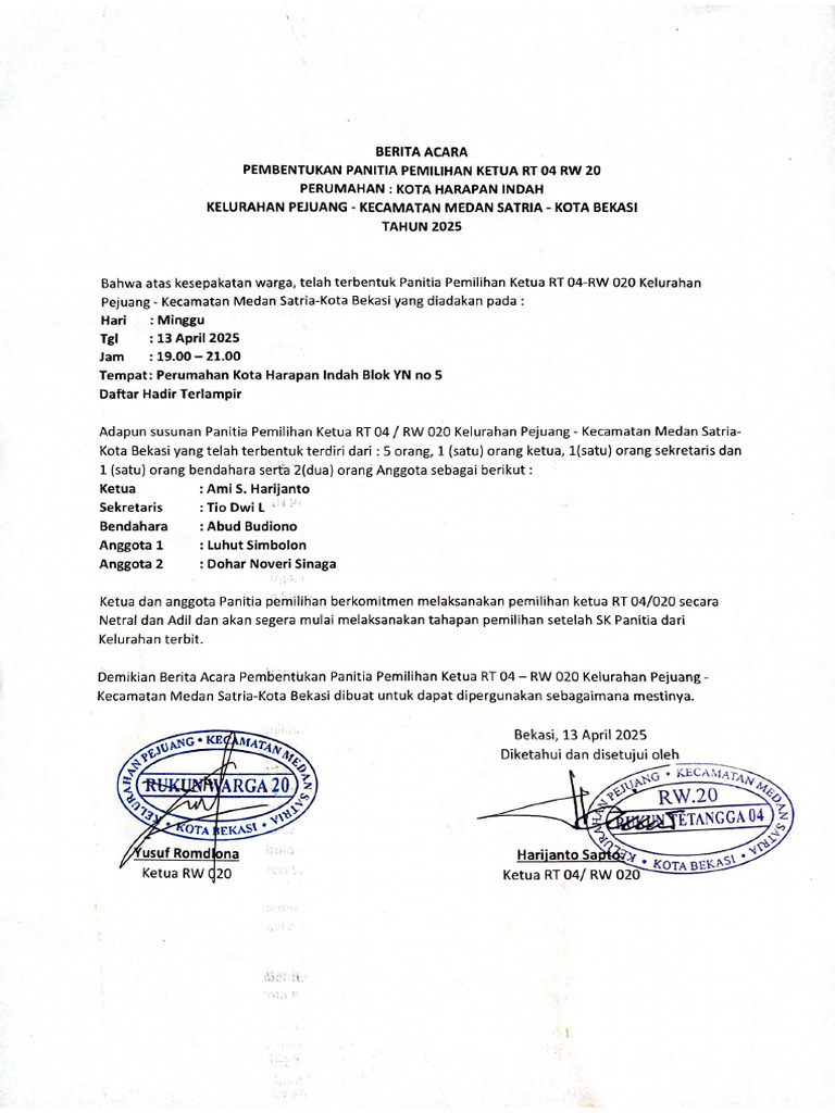 Berita Acara Pembentukan Panitia RT 004 | PDF