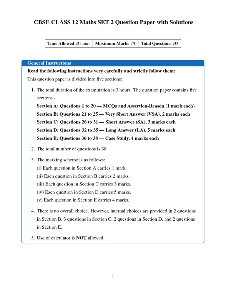 CBSE CLASS 12 Mathematics Paper SET 2 | PDF | Matrix (Mathematics ...