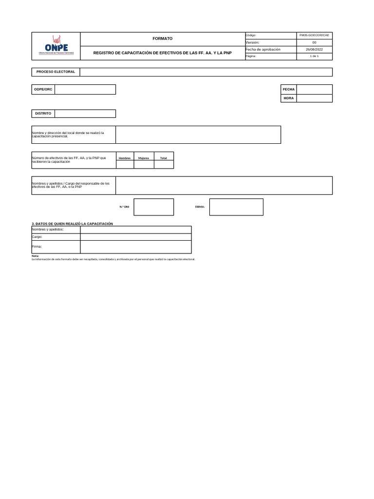 FM05-GOECOR-CAE Registro Capacitacion FF.aa y PNP_V00 | PDF