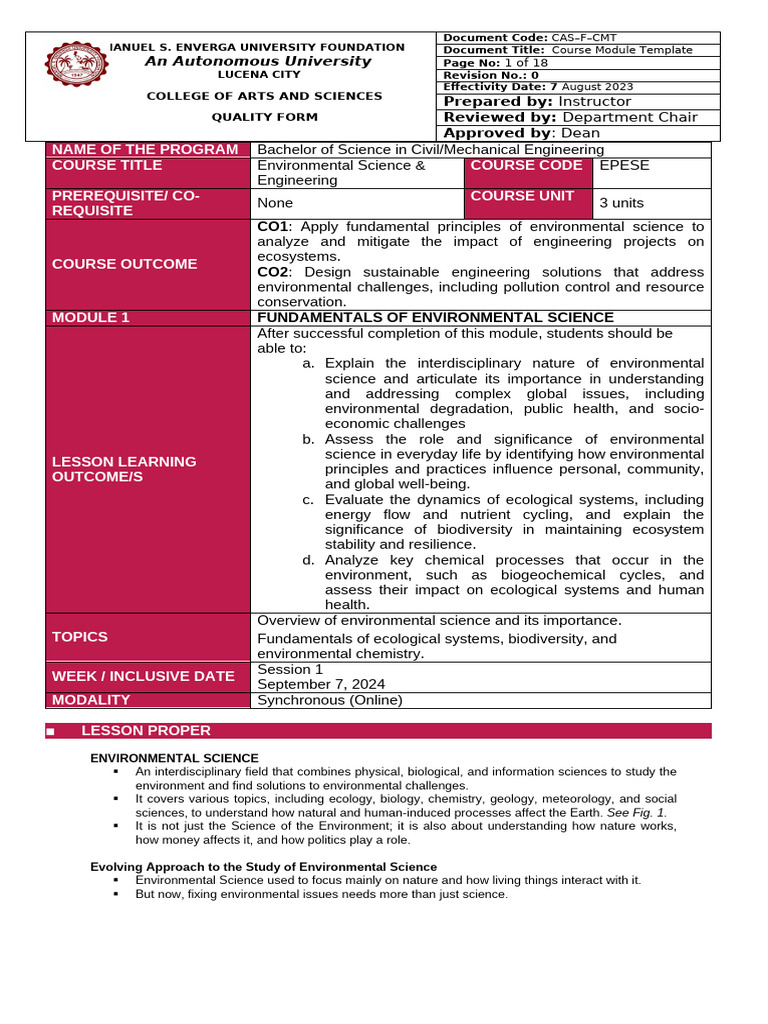 MODULE 1 - FUNDAMENTALS OF ENVIRONMENTAL SCIENCE-New | PDF | Atmosphere Of Earth | Conservation ...