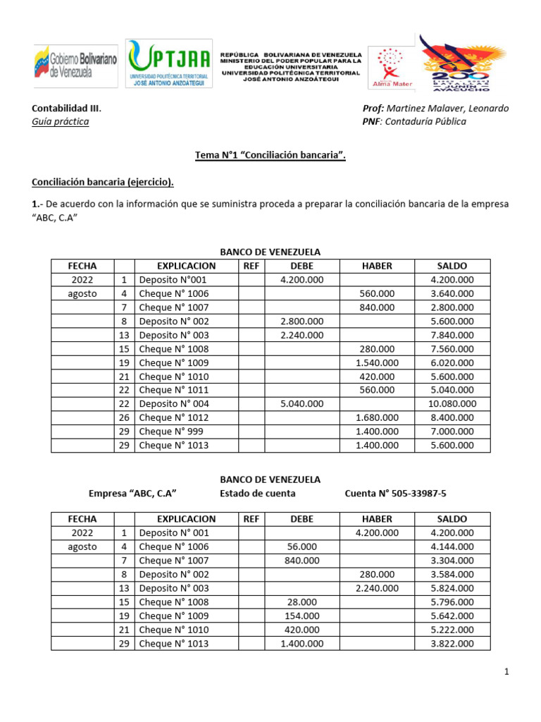 Tema N°1 - Ejercicios Conciliación Bancaria | PDF | Cheque | Corporaciones