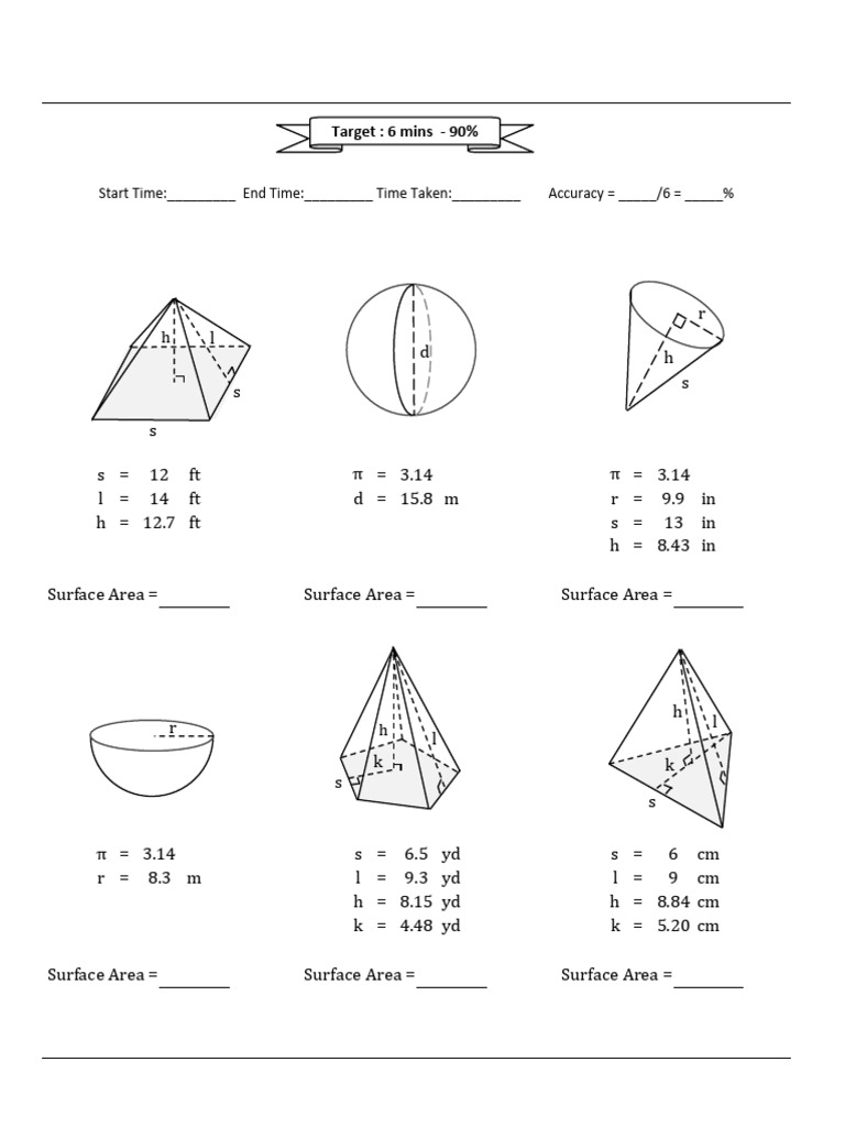 Grade 08 Geometry Surface Cone Sphere Pyramid 02 | PDF | Area | Geometric Shapes