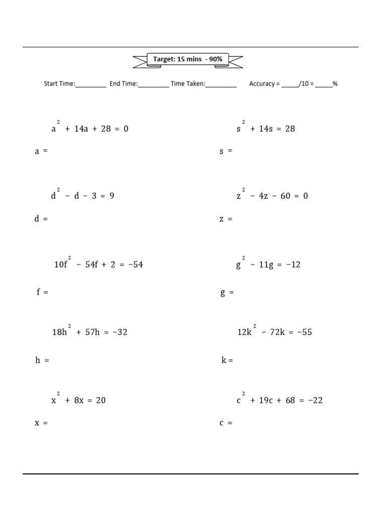 Grade 8 Quadratic Formula Worksheet | PDF | Mathematics | Algebra