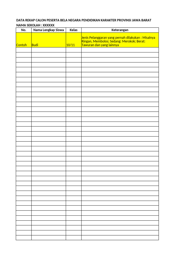 Format Rekap Data Calon Peserta Pendidikan Karakter | PDF
