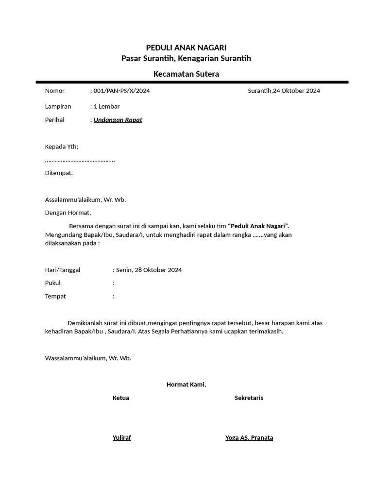Surat Undangan Rapat Peduli Anak Nagari Surantih | PDF