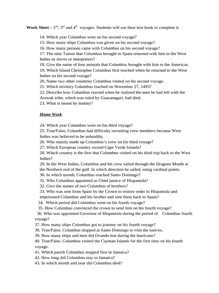 JONES SADRAE - Worksheet # 2 Columbus 2nd, 3rd, 4th Voyages | PDF ...