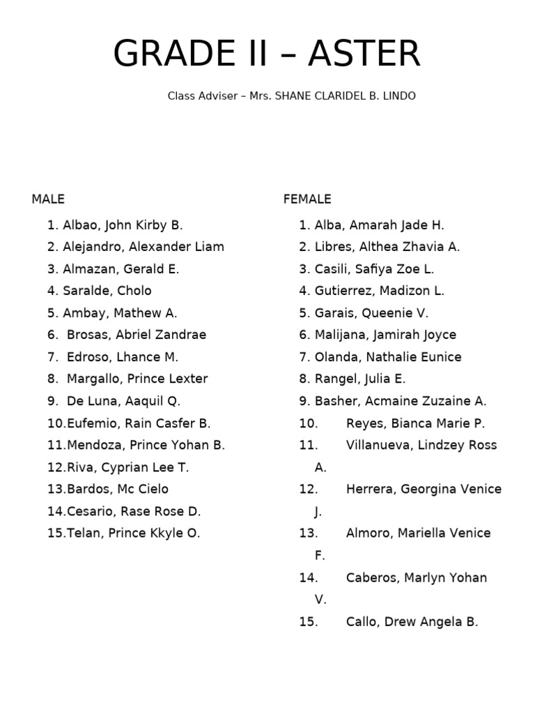 Grade 2 Class Lists by Section | PDF