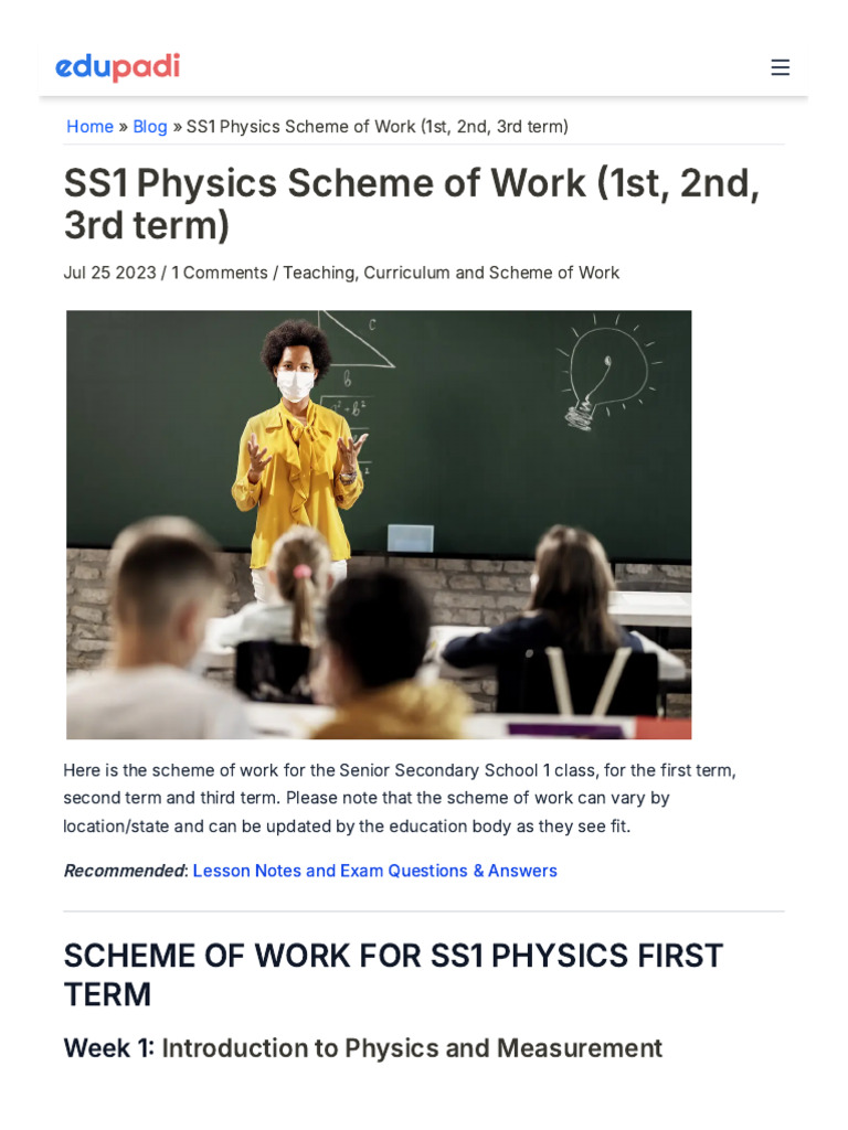 SS1 Physics Scheme of Work (1st, 2nd, 3rd Term) - EduPadi Blog | PDF | Force | Light