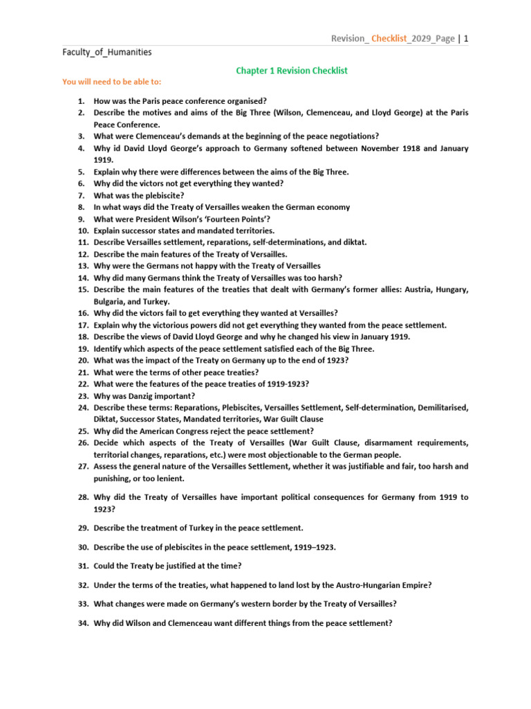 History Igcse Chhecklist | PDF | Weimar Republic | Treaty Of Versailles