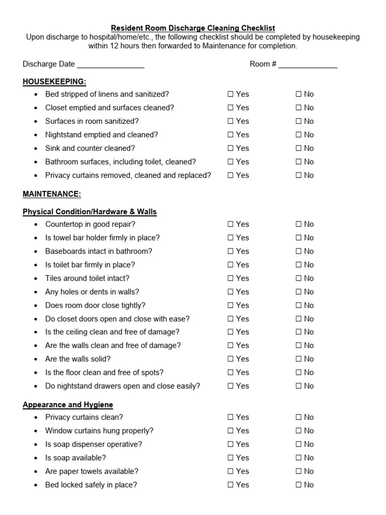 Discharge Cleaning Checklist | PDF | Bathroom | Toilet