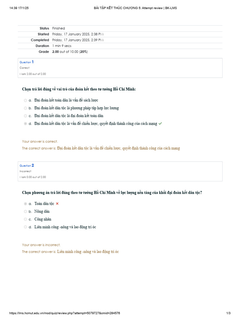 BÀI TẬP KẾT THÚC CHƯƠNG 5 - Attempt review - BK-LMS | PDF