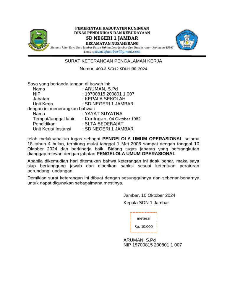 Contoh Format Surat Keterangan Pengalaman Kerja PPPK | PDF