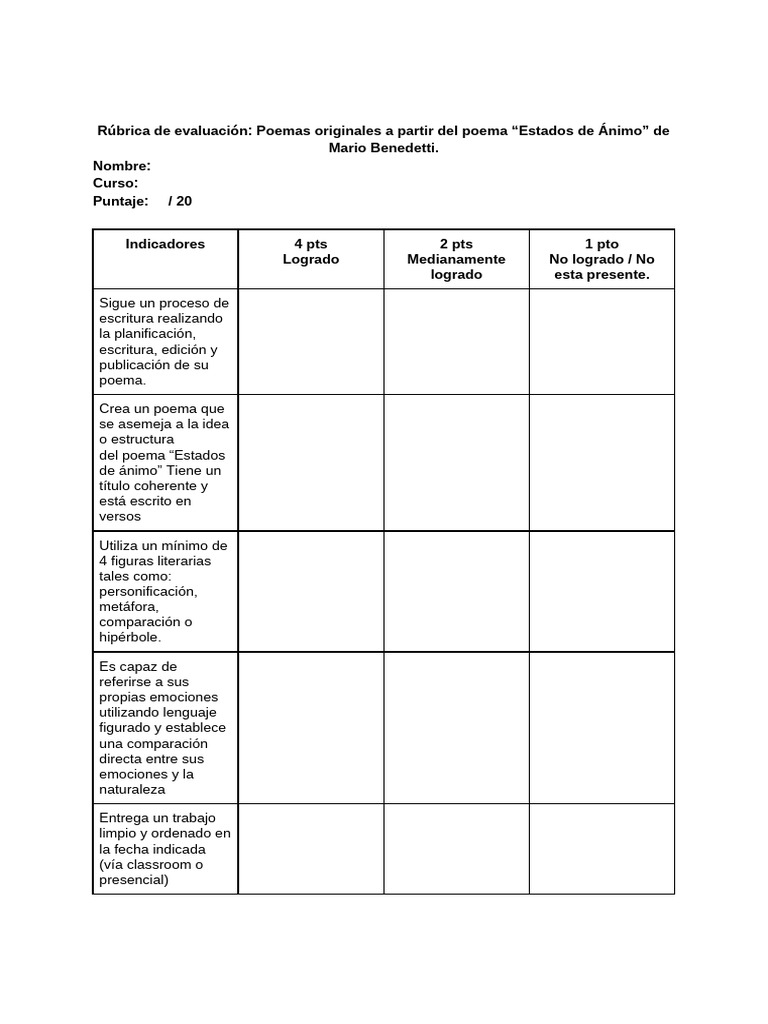 Rúbrica de Evaluación 7mos Poemas Originales A Partir Del Poema ...