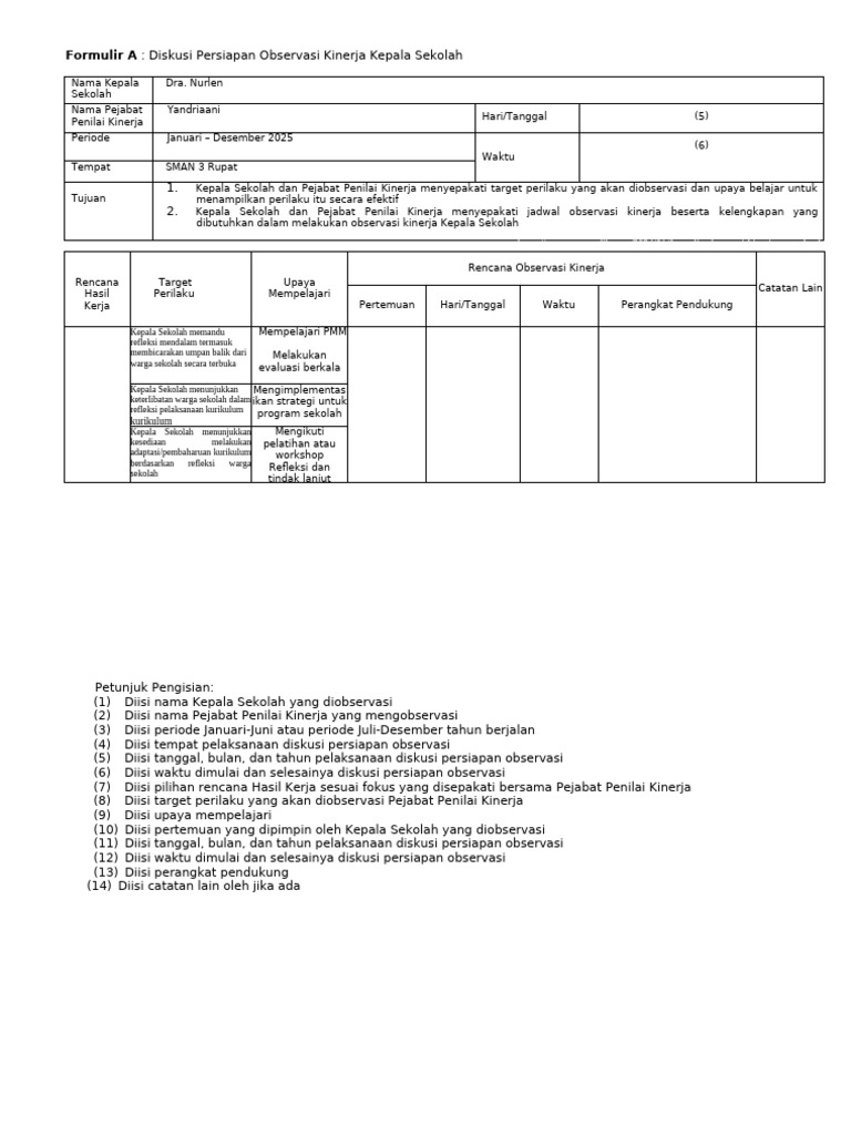 Formulir Observasi Kinerja Kepala Sekolah | PDF