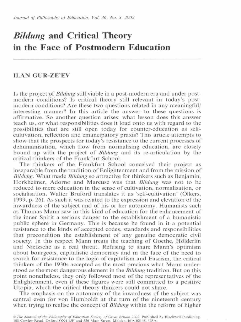 Gur-Ze'ev Bildung Critical Thoery Postmodern Education | PDF