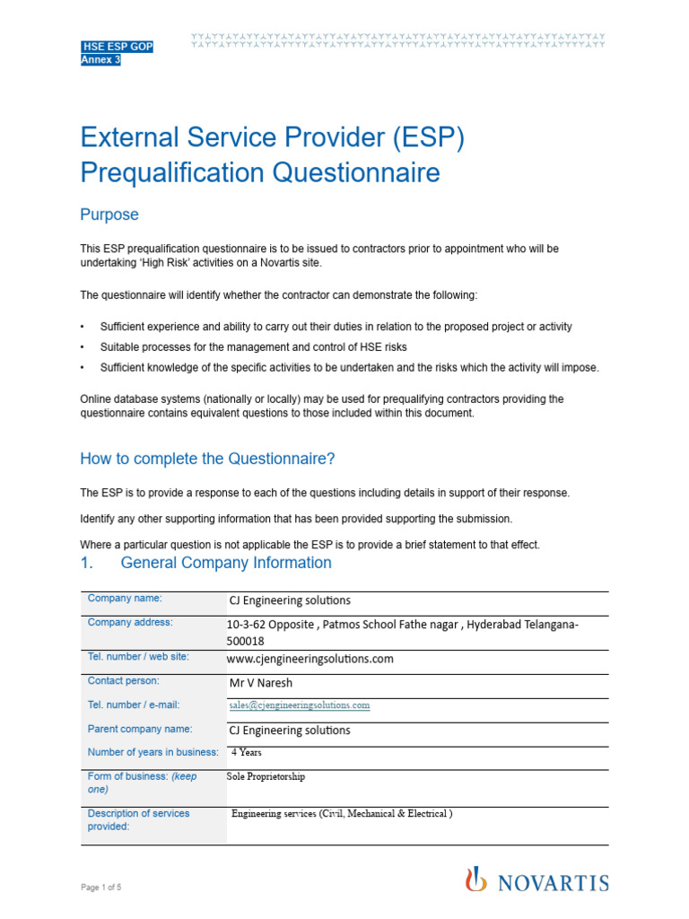 ESP - Pre Qualification Checklist - HSE | PDF | Occupational Safety And Health | Risk Assessment