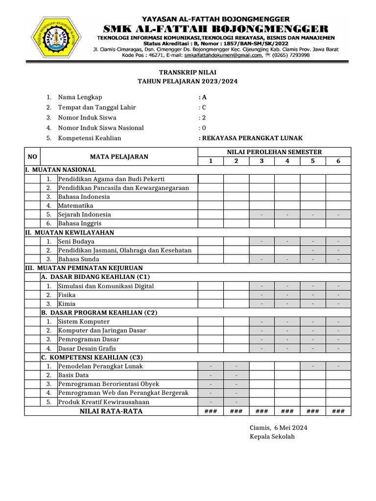 Transkrip Nilai RPL - Tahun Pelajaran 2024-2025 | PDF