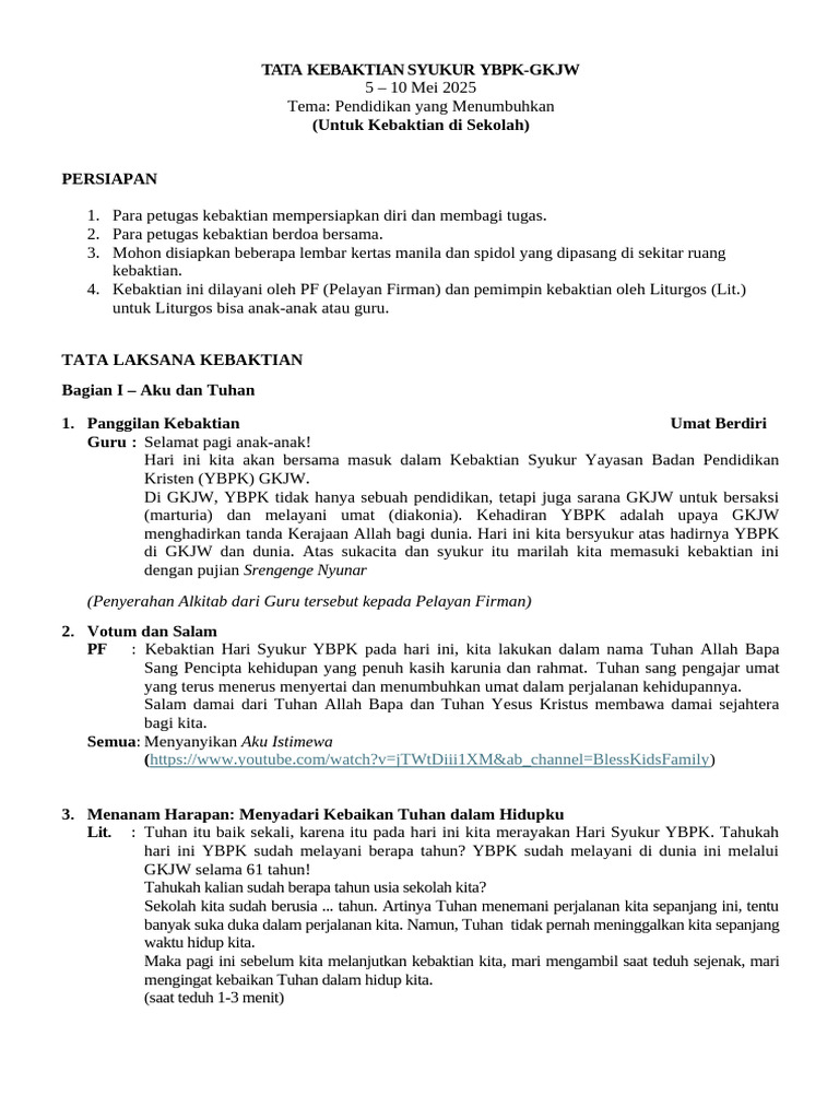 Tata Kebaktian Syukur YBPK 2025 Untuk Kebaktian Sekolah | PDF